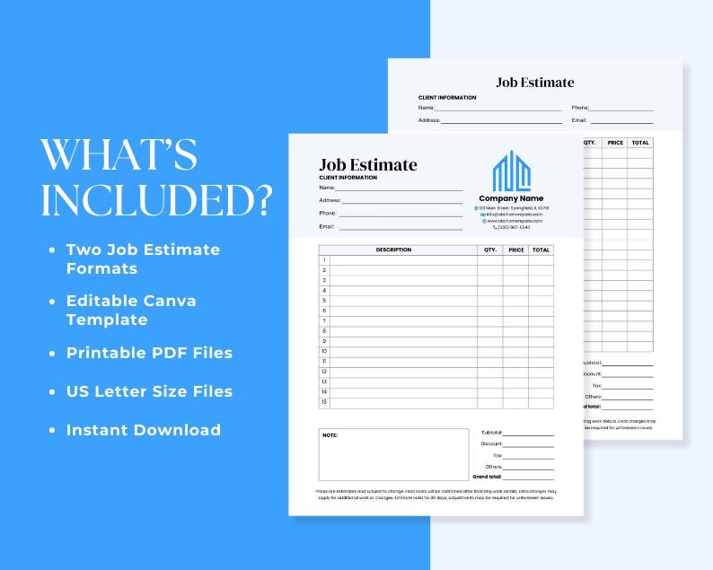Job Estimate Template, Printable Job Estimate Template PDF, Editable ...