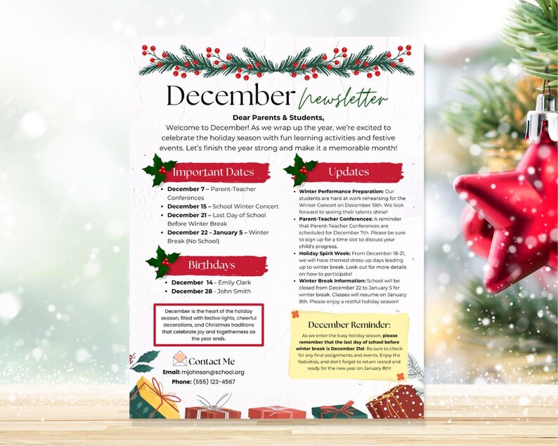 December School Newsletter Template for Daycare Christmas Theme ...