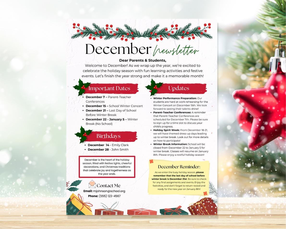 December School Newsletter Template for Daycare Christmas Theme ...