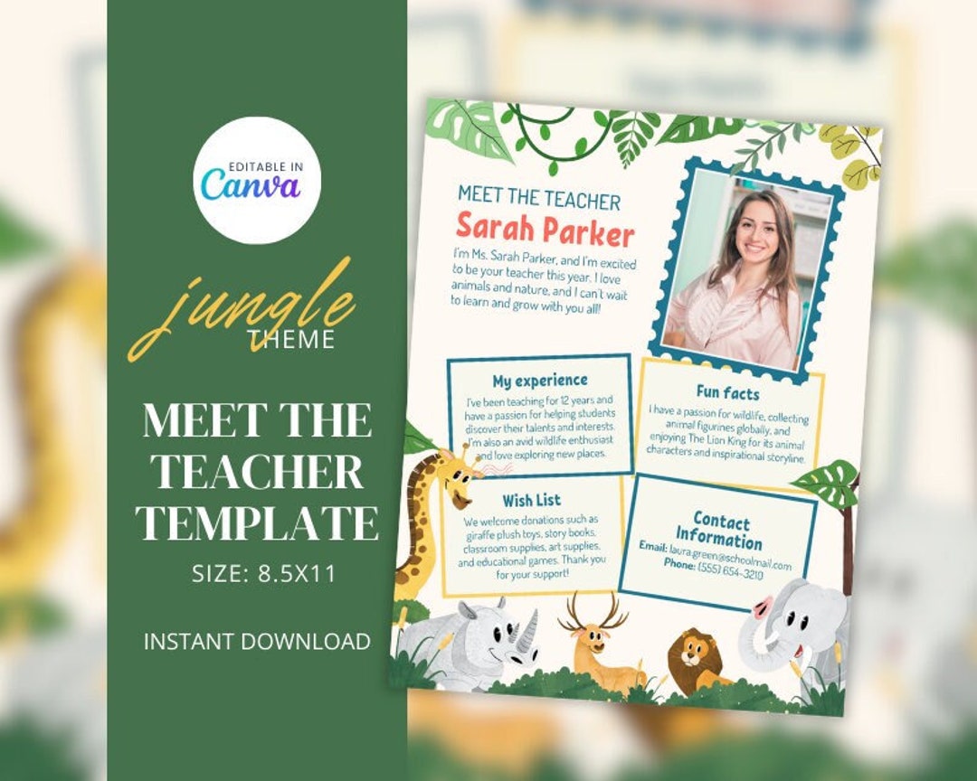 Meet the Preschool Teacher Canva Template Jungle Theme All About Me Bio ...