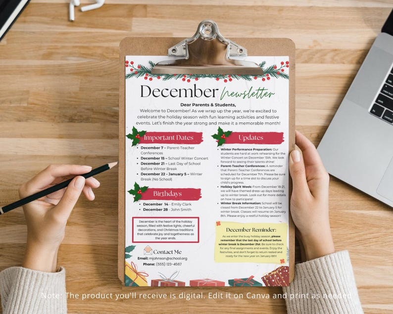 December School Newsletter Template for Daycare Christmas Theme ...