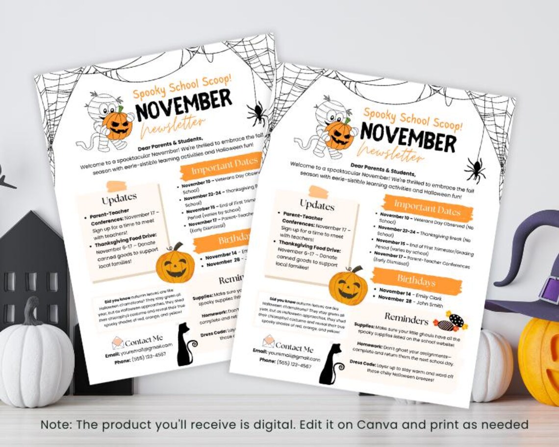 November School Newsletter Template Halloween Theme, Printable Monthly ...