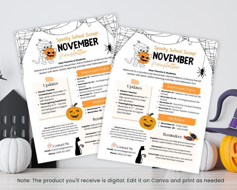 November School Newsletter Template Halloween Theme, Printable Monthly ...