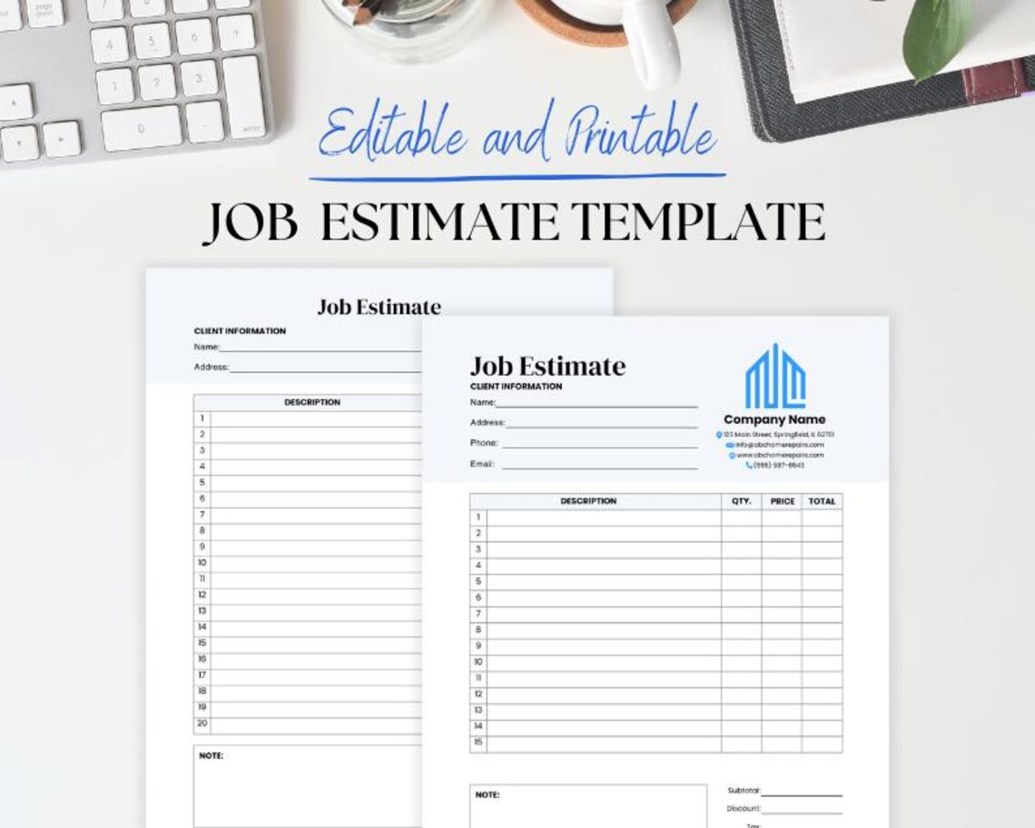 Job Estimate Template, Printable Job Estimate Template PDF, Editable ...