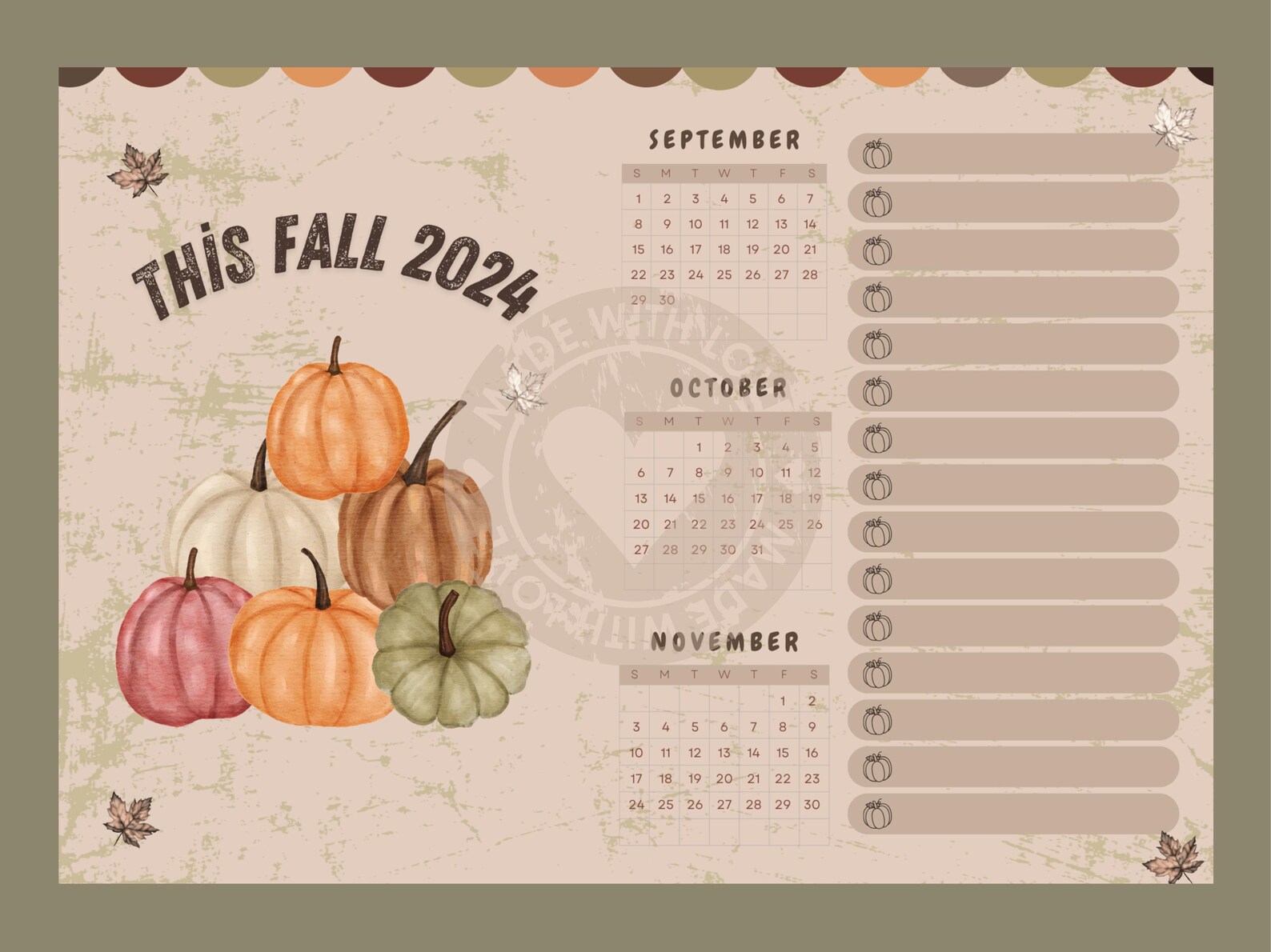 2024 Fall Calendar September, October, November Printable A4 Landscape ...