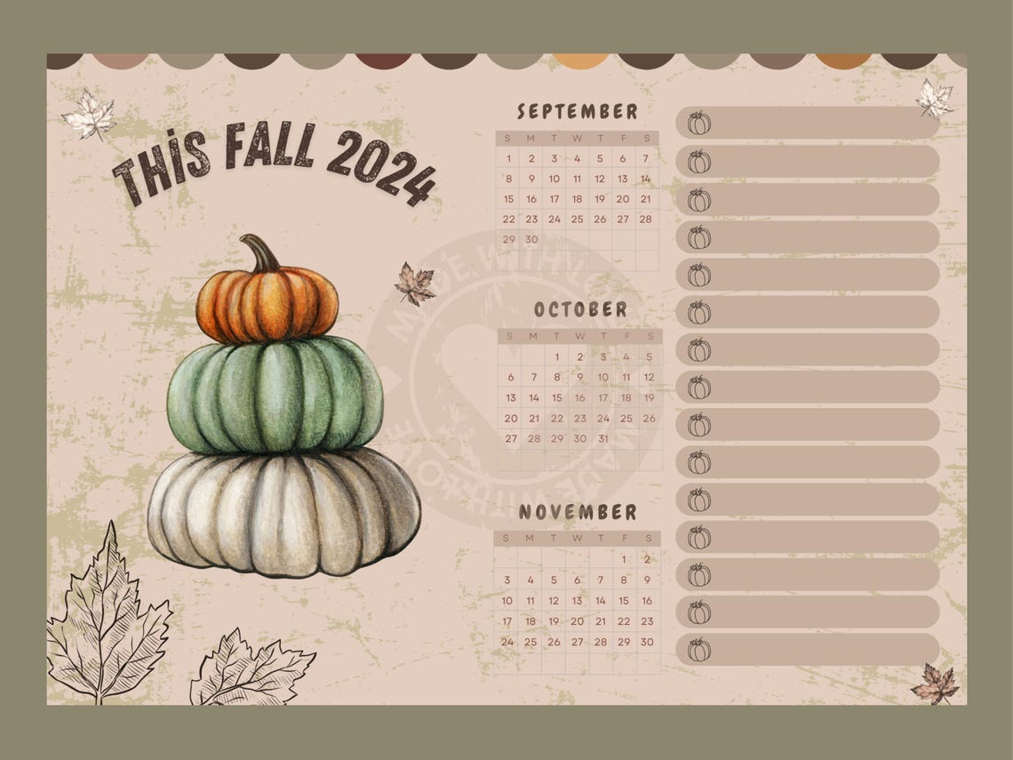 2024 Fall Calendar September, October, November Printable A4 Landscape ...