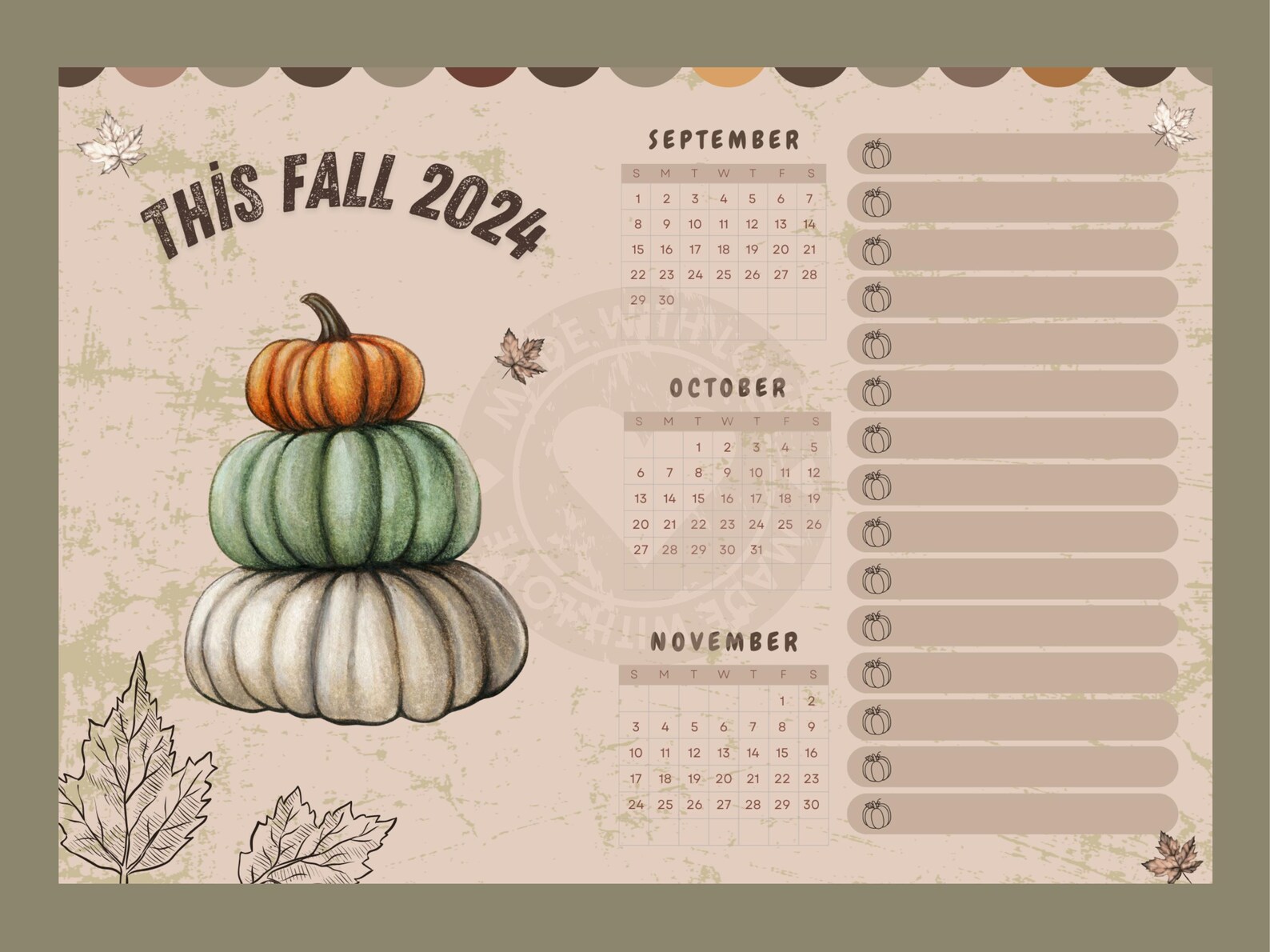 2024 Fall Calendar September, October, November Printable A4 Landscape ...
