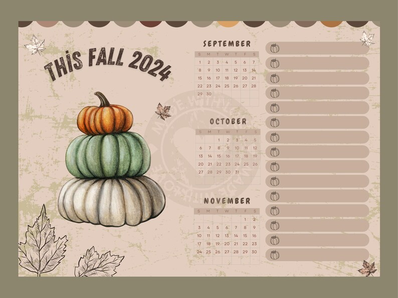 2024 Fall Calendar September, October, November Printable A4 Landscape ...