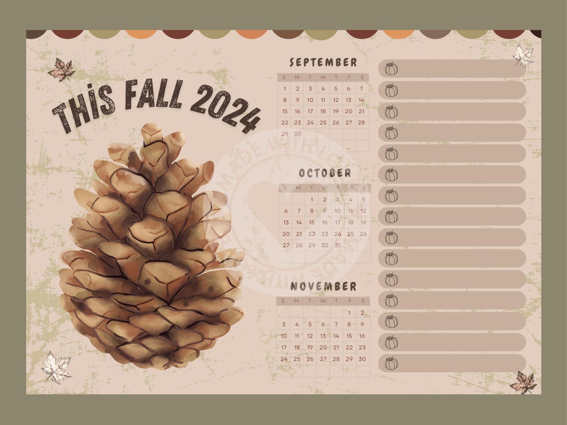 2024 Fall Calendar September, October, November Printable A4 Landscape ...