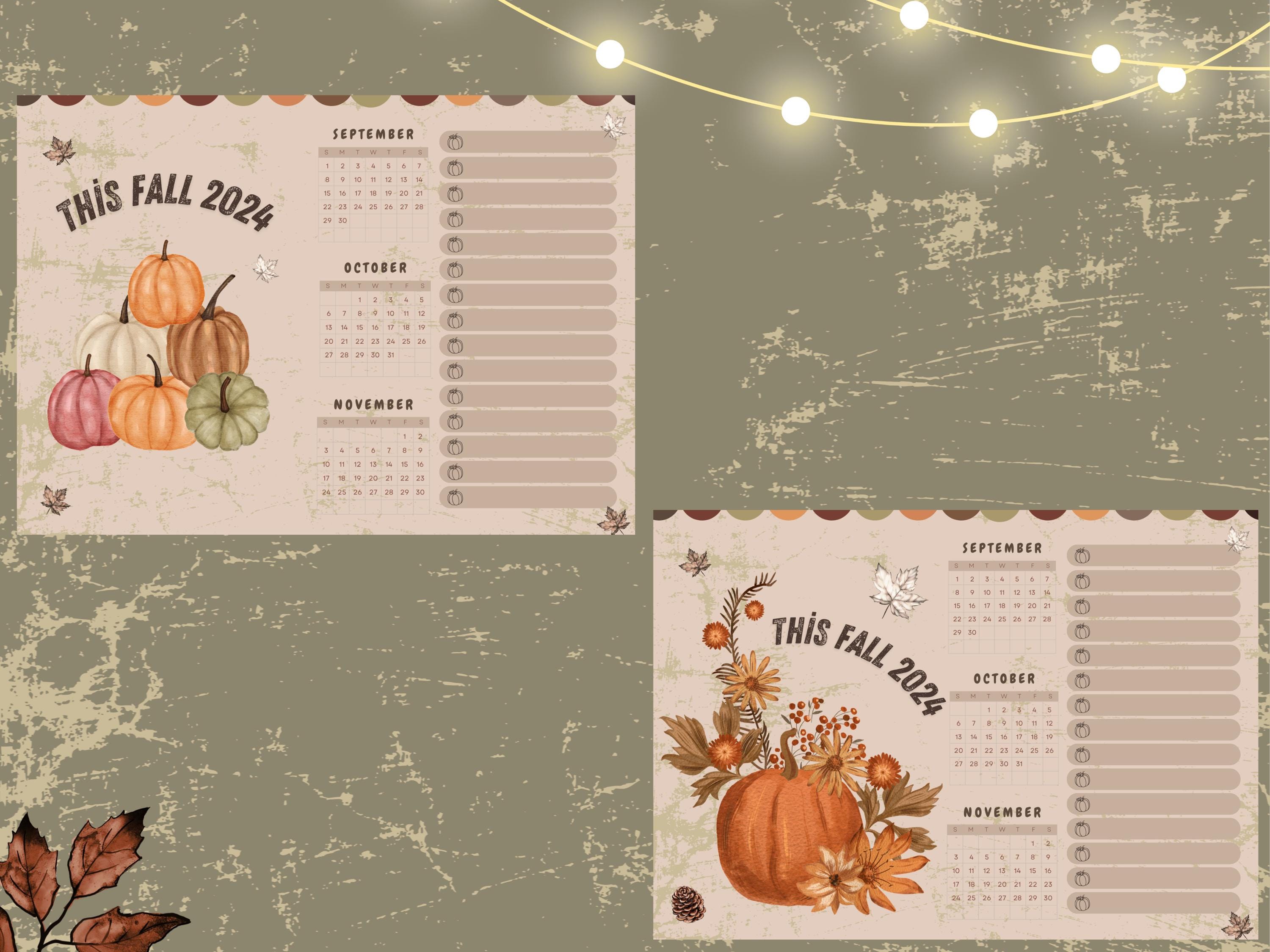 2024 Fall Calendar September, October, November Printable A4 Landscape ...