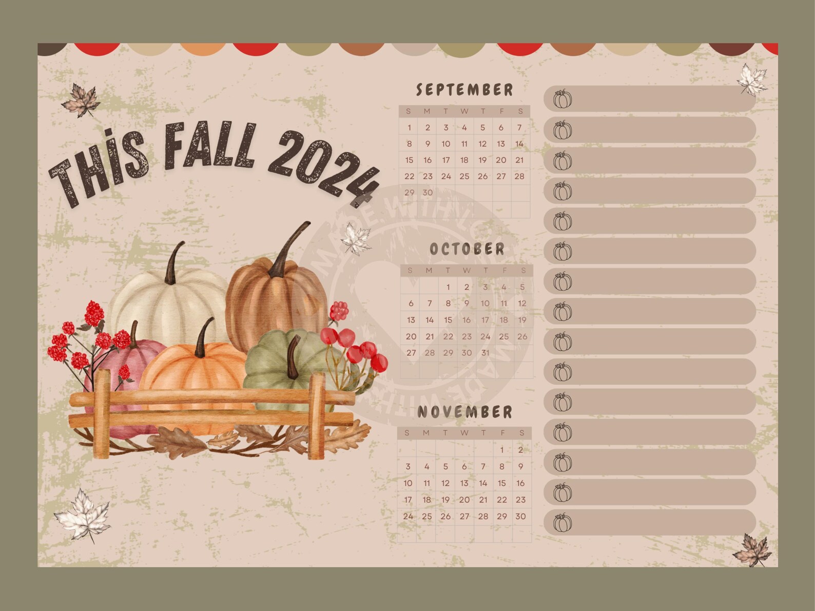 2024 Fall Calendar September, October, November Printable A4 Landscape ...