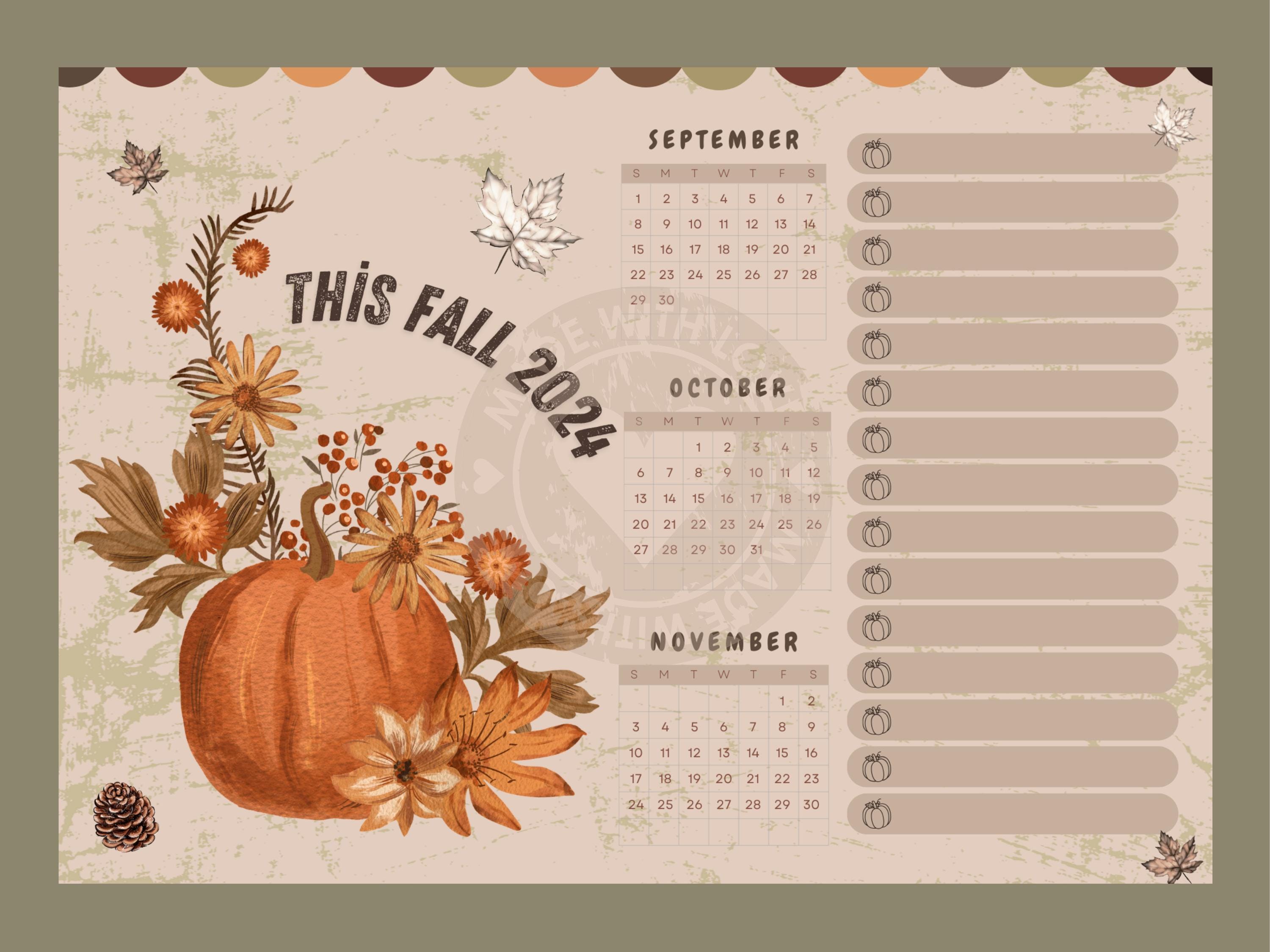 2024 Fall Calendar September, October, November Printable A4 Landscape ...