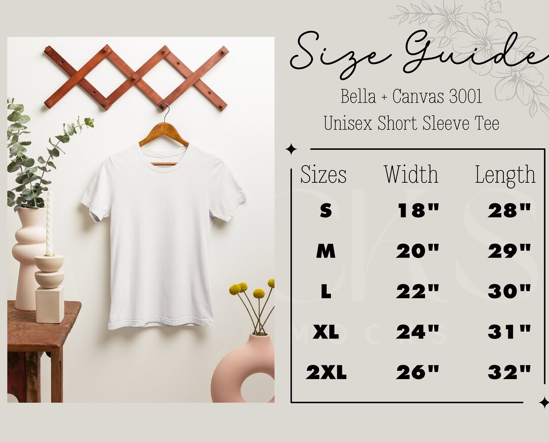 Bella 3001 Size Chart, Bella and Canvas Size Guide, Tshirt Size Chart ...