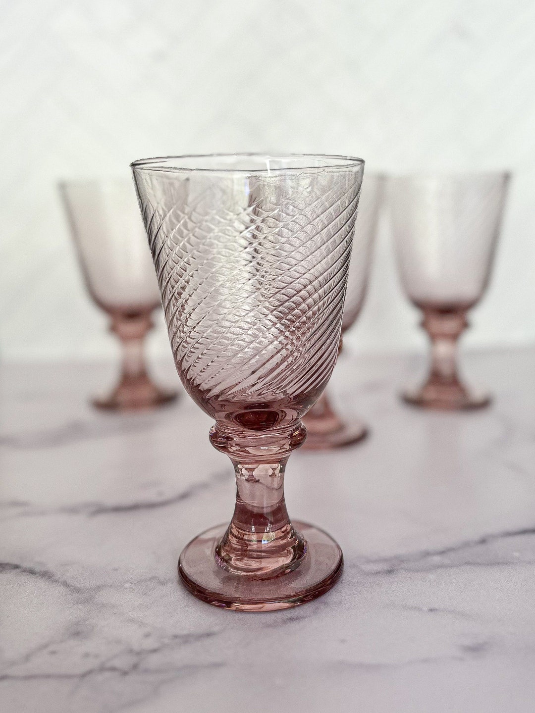 Vintage Libbey Glass Pink/plum Glass Optic Swirl Water Wine Goblets Set ...