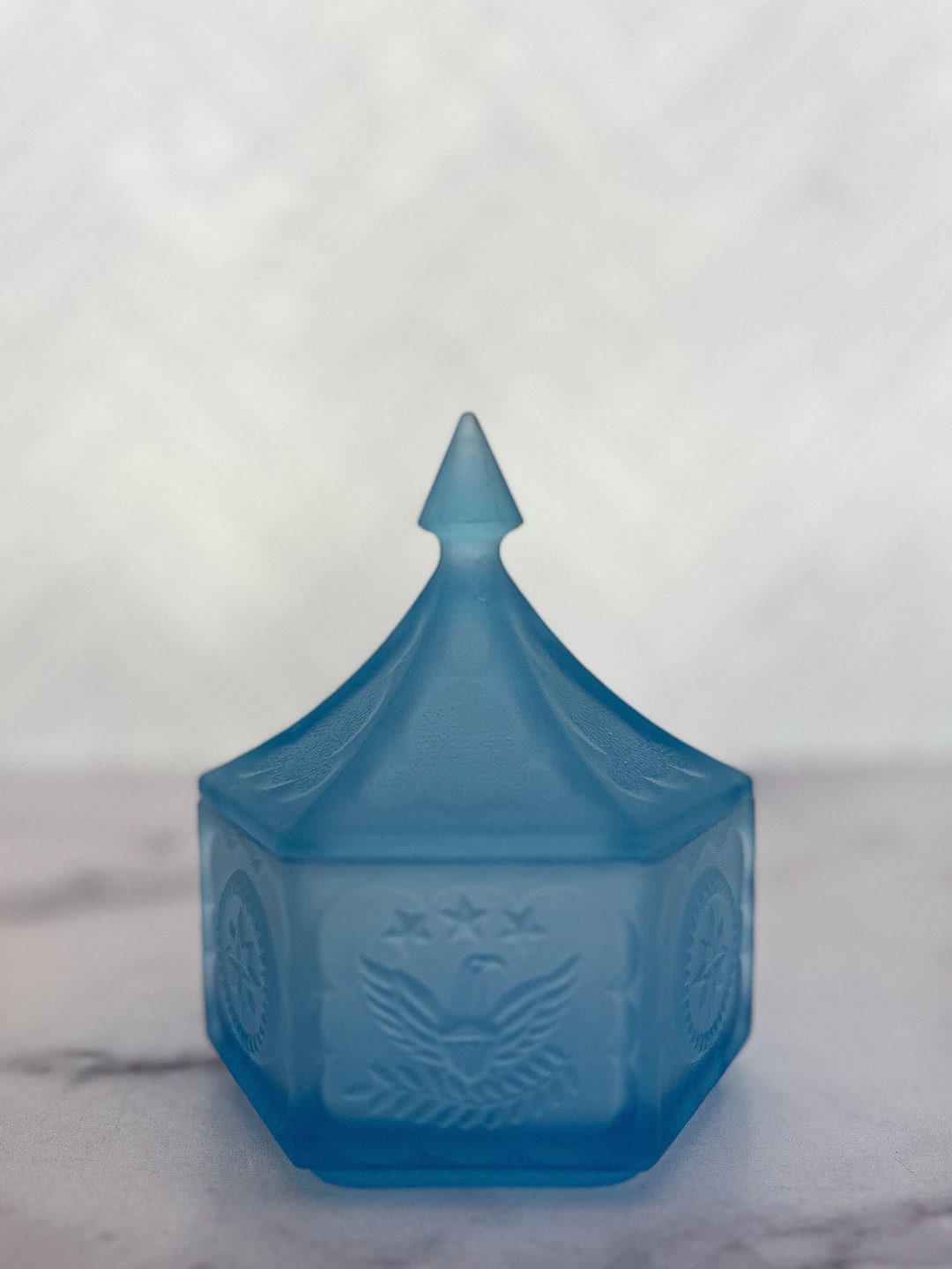 Vintage Indiana Glass Co Tiara Hexagon Satin Blue Eagle Star Military ...