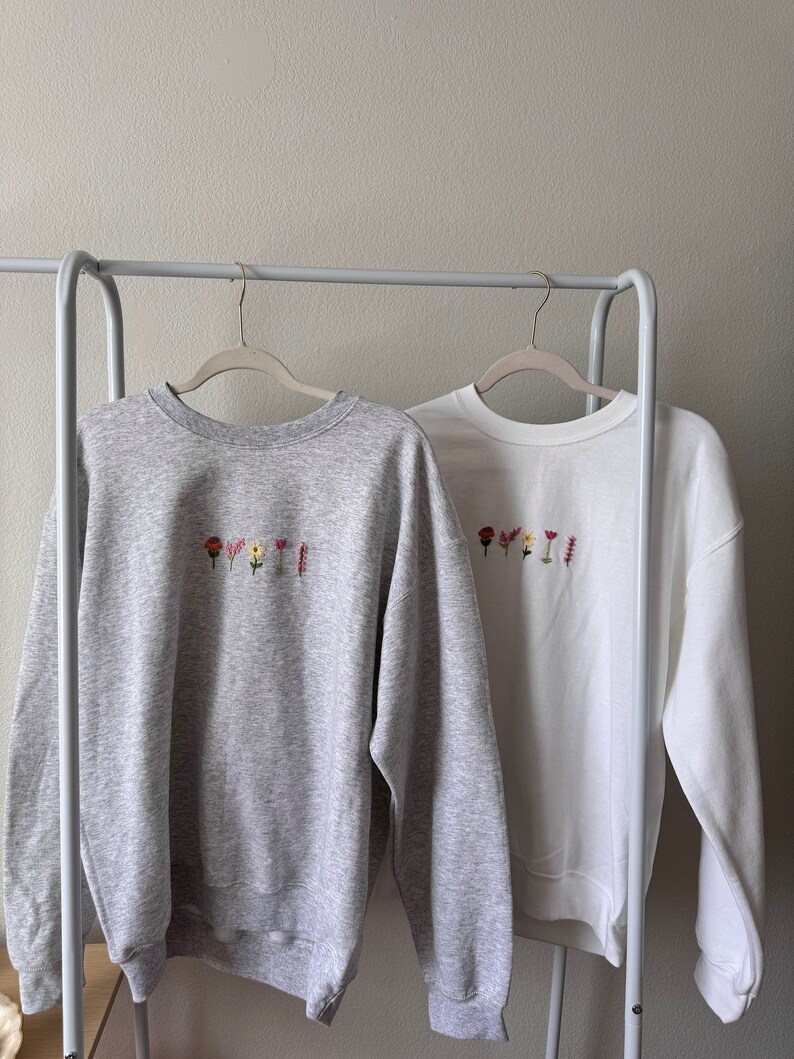 Pink Flower Embroidered Crewneck | Spring Summer Sweater | Embroidered ...
