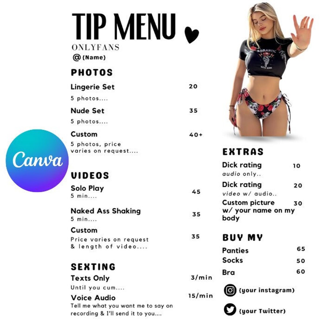 Onlyfans Tip Menu Editable Canva Template Personalize OF Tips & Ideas Guide Fansly Menu Snapchat ...