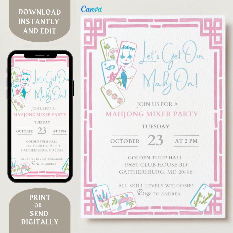 Editable Mahjong Party Invite - Mahjong Invitation Digital Download ...