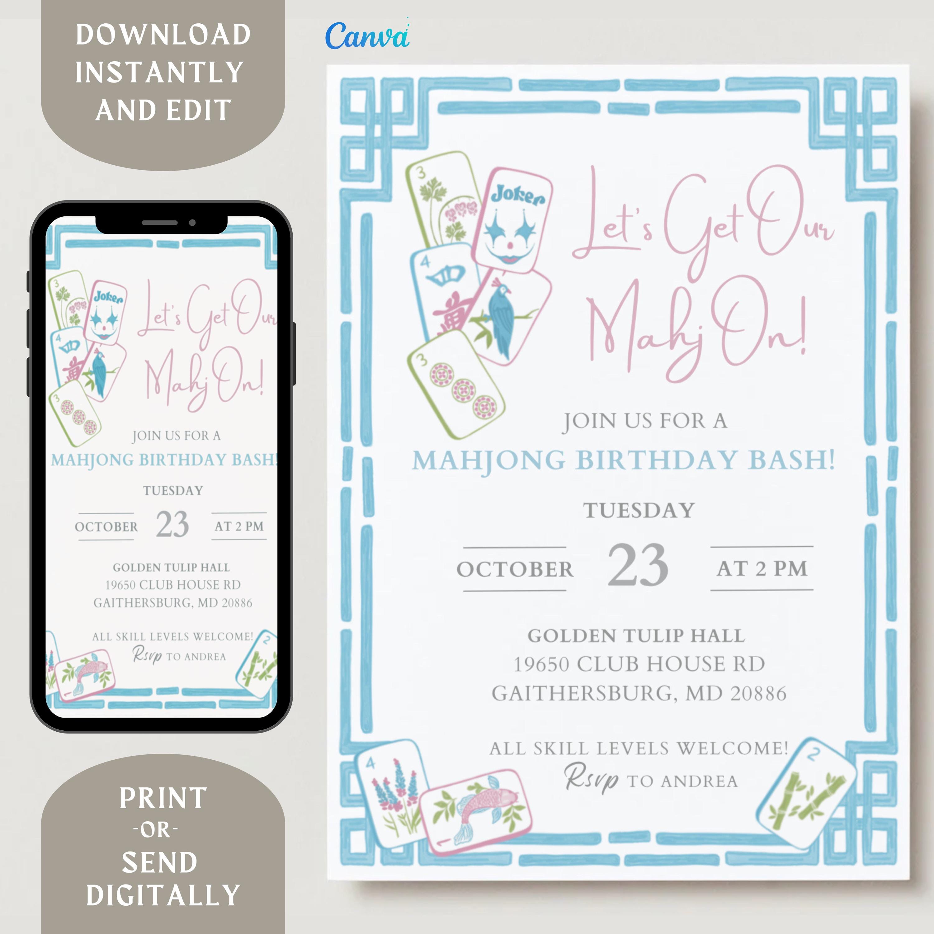 Editable Mahjong Party Invite - Blue Mahjong Invitation Digital ...