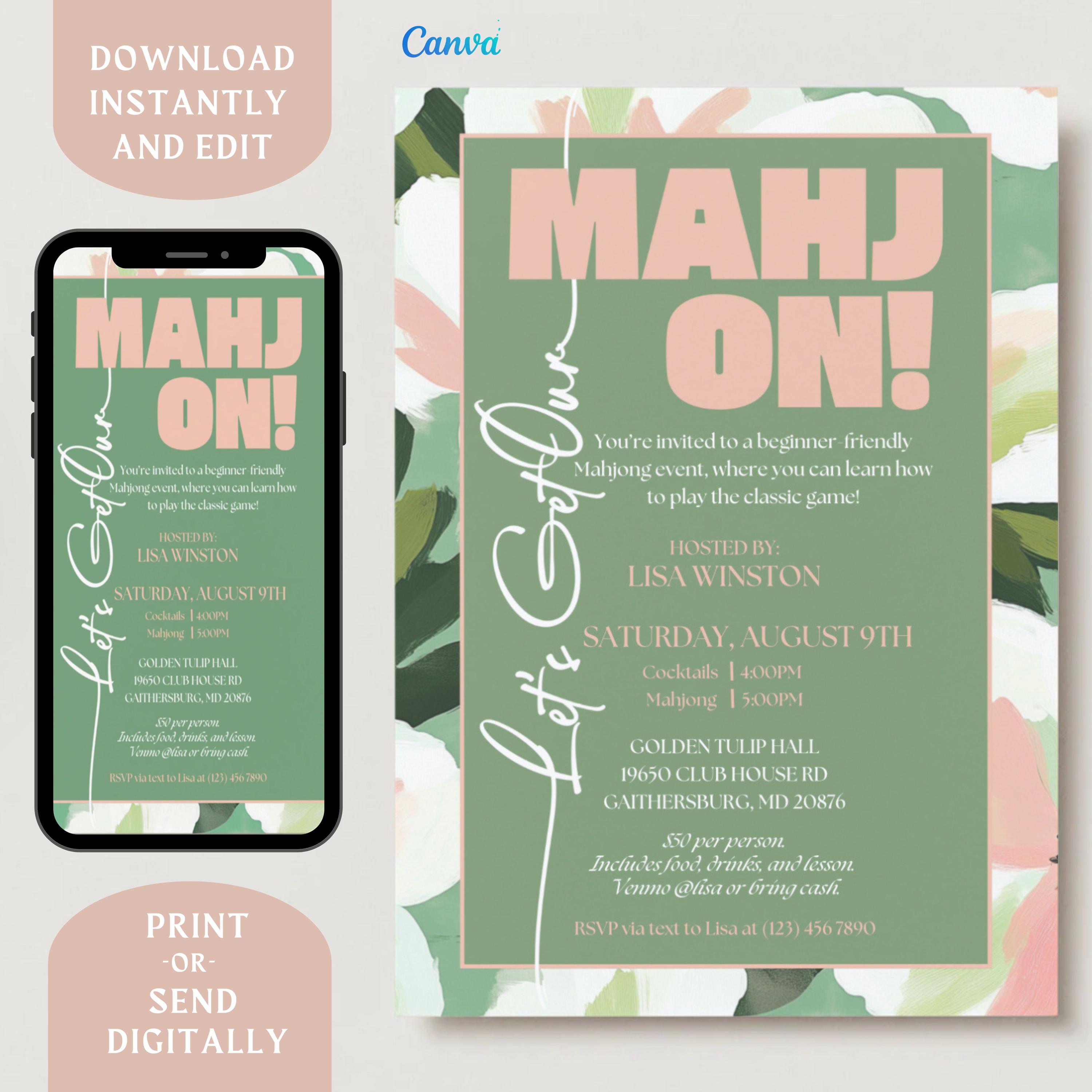 Editable Mahjong Party Invite - Floral Mahjong Invitation Digital ...