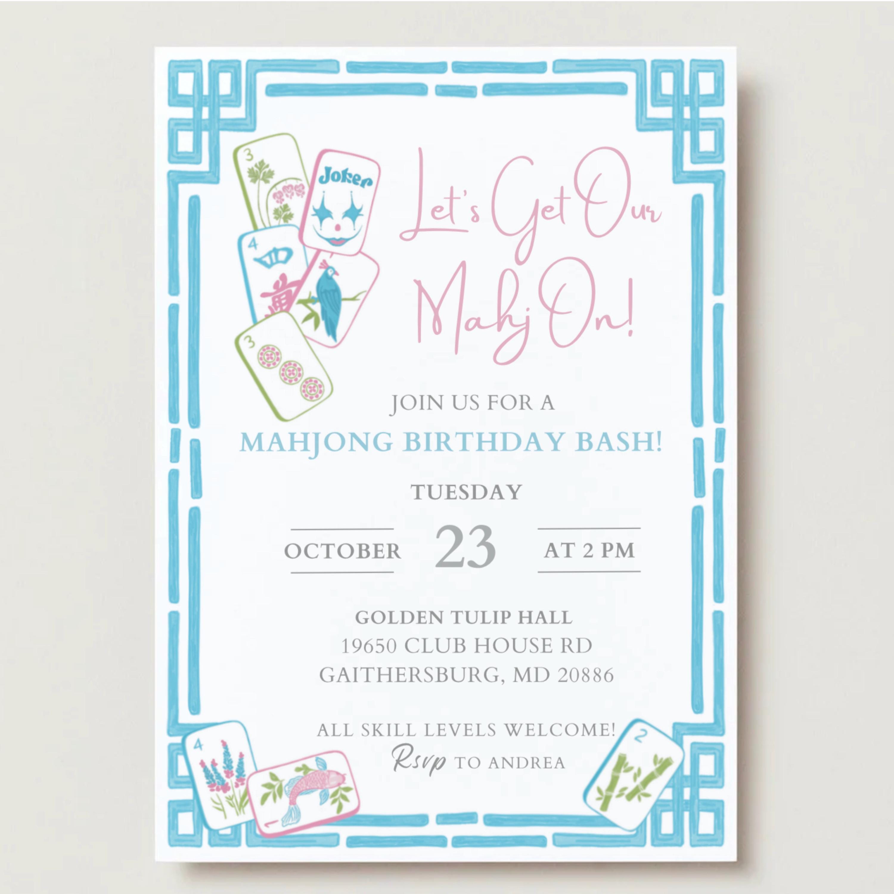 Editable Mahjong Party Invite - Blue Mahjong Invitation Digital ...