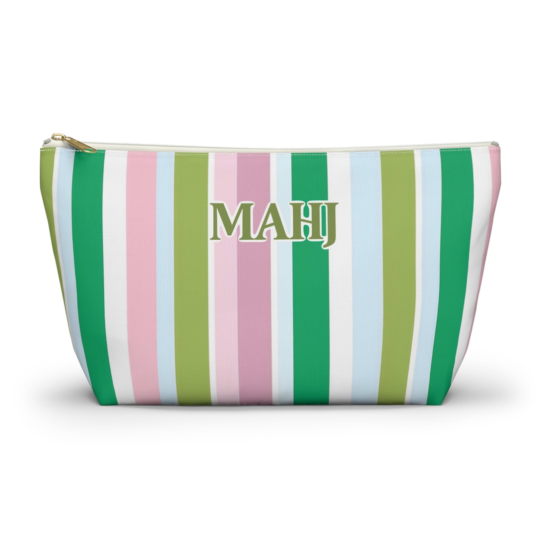 Mahjong Tile Bag Green and Pink Striped Canvas Pouch Mahjong Gifts Mahj ...