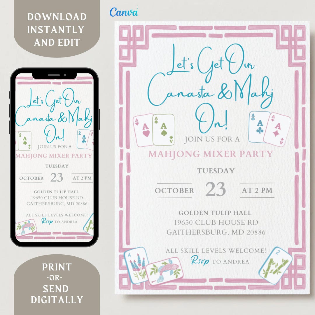 Editable Mahjong Party Invite - Canasta Invitation Digital Download ...
