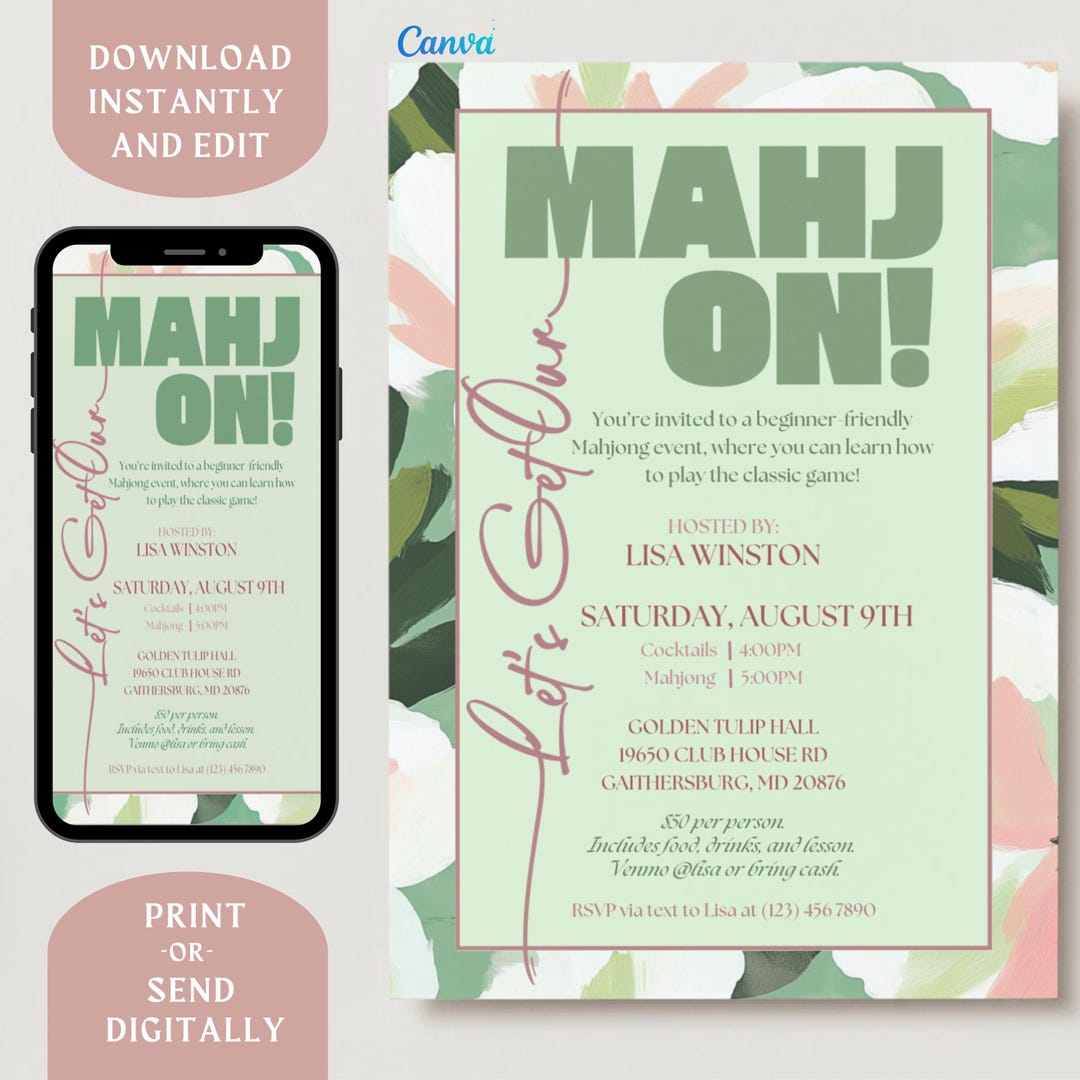 Editable Mahjong Party Invite - Floral Mahjong Invitation Digital ...