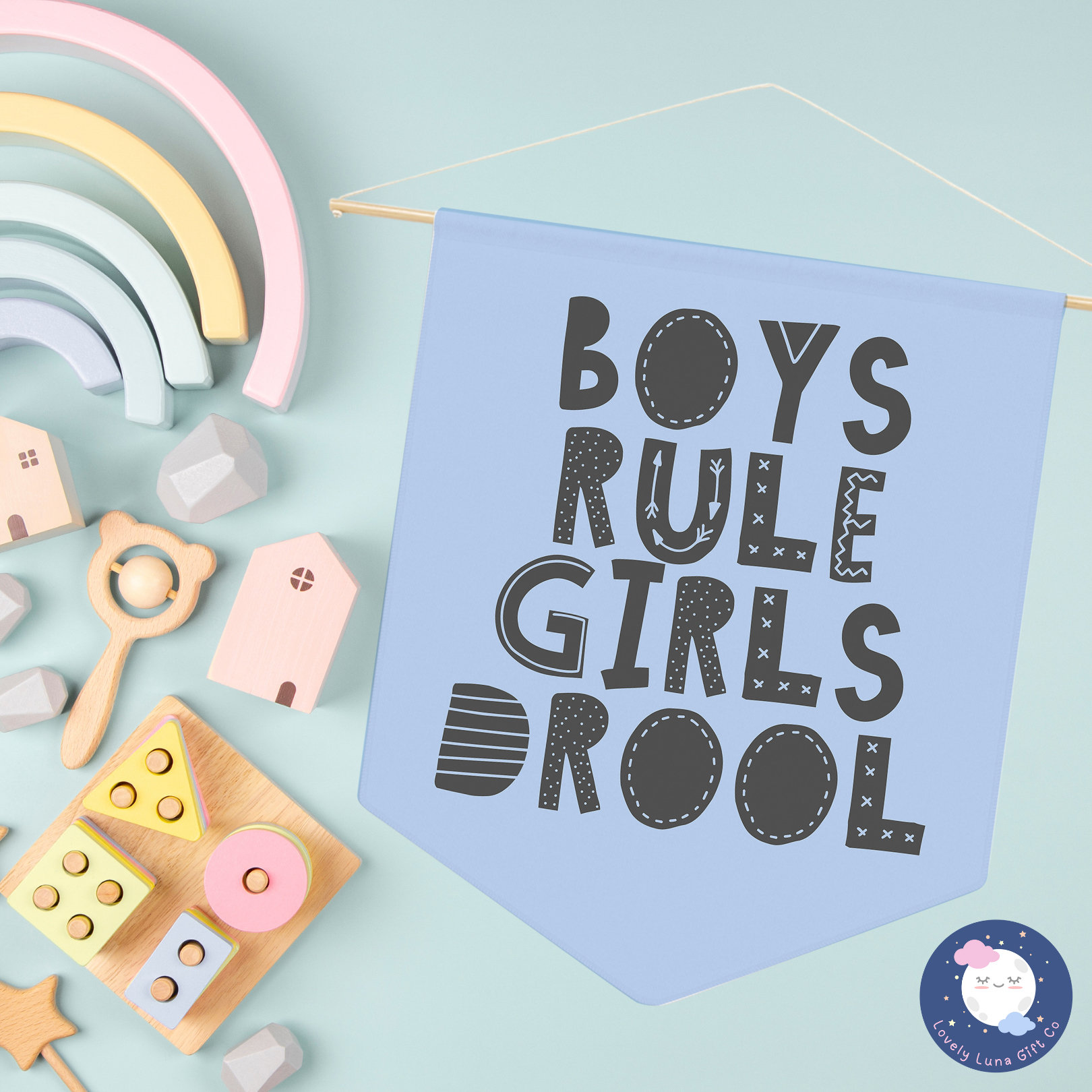 Boys Rule Girls Drool Pennant Style Banner Boys Room Pennant Flag Funny ...