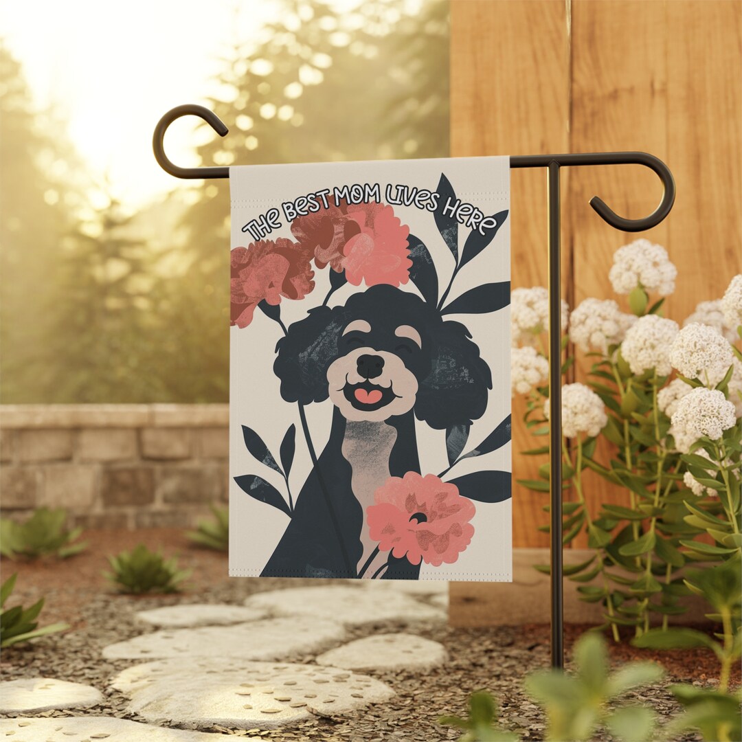 Black Poodle Dog Mother's Day House Flag, Custom Dog Carnation Flower ...