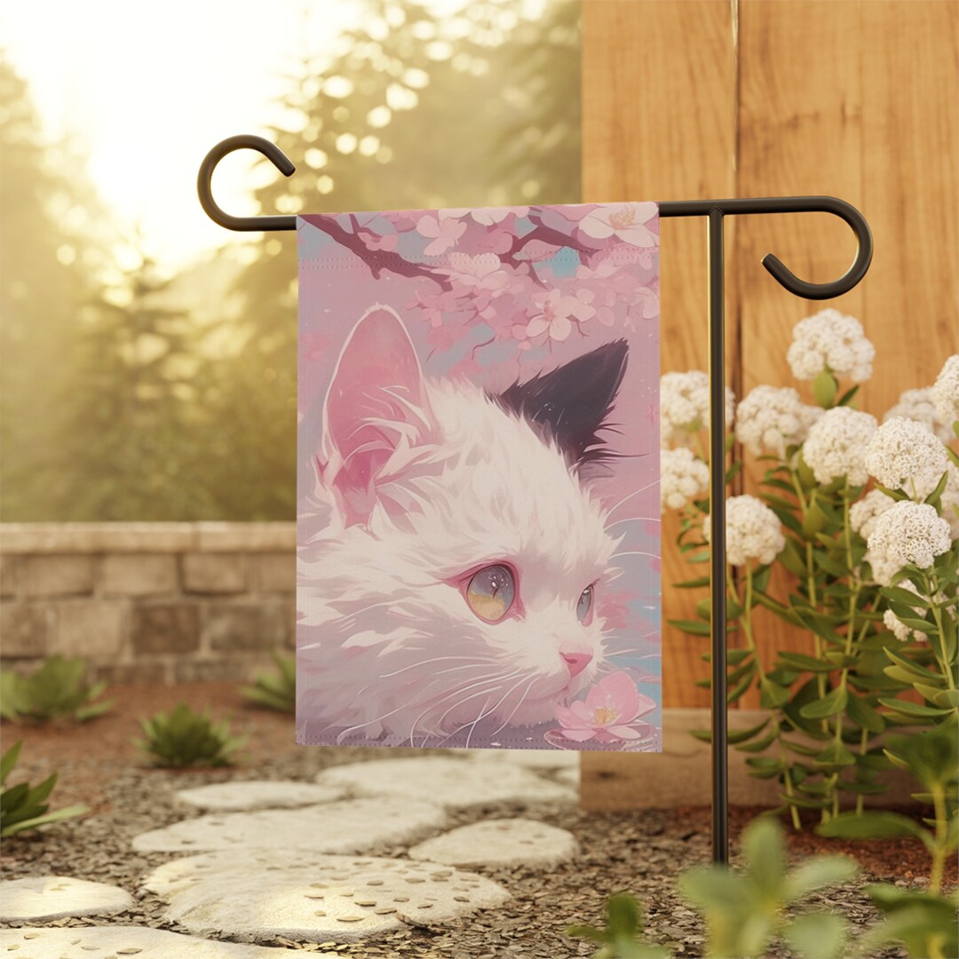 Black and White Cat Floral House Flag, Custom Cat Flower Garden Flag ...