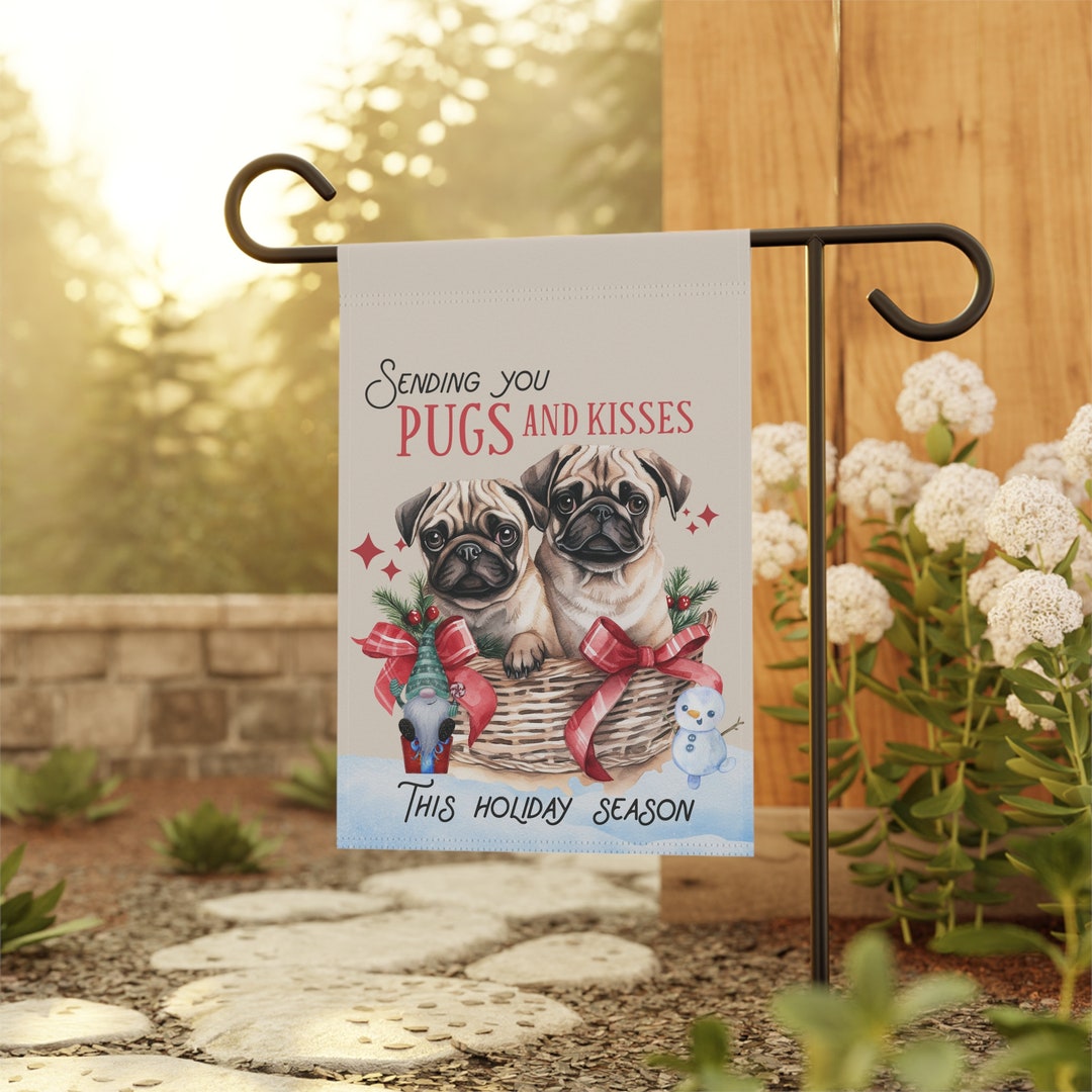 Pugs Christmas Yard Flag, Pugs in Christmas Basket House Flag, Vintage ...