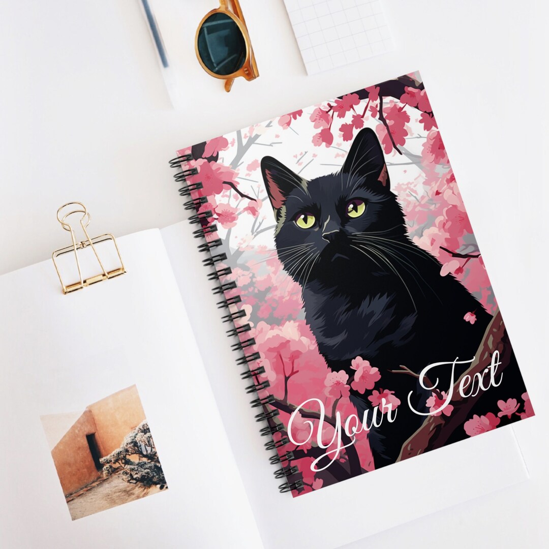 Black Bombay Cat Cherry Blossom Journal, Custom Black Cat Spiral Ruled ...