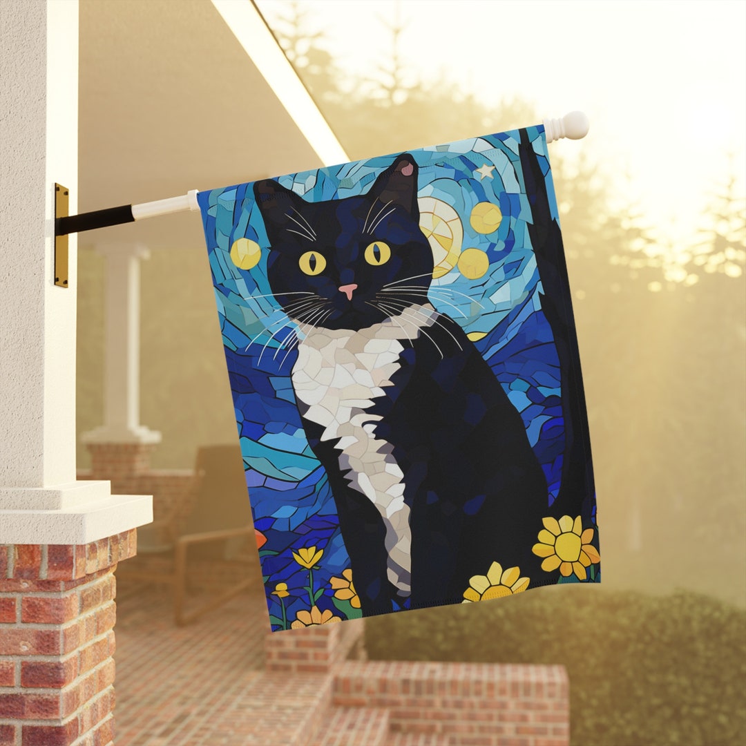 Tuxedo Cat Starry Night Yard Flag, Custom Black Cat House Flag, Black ...