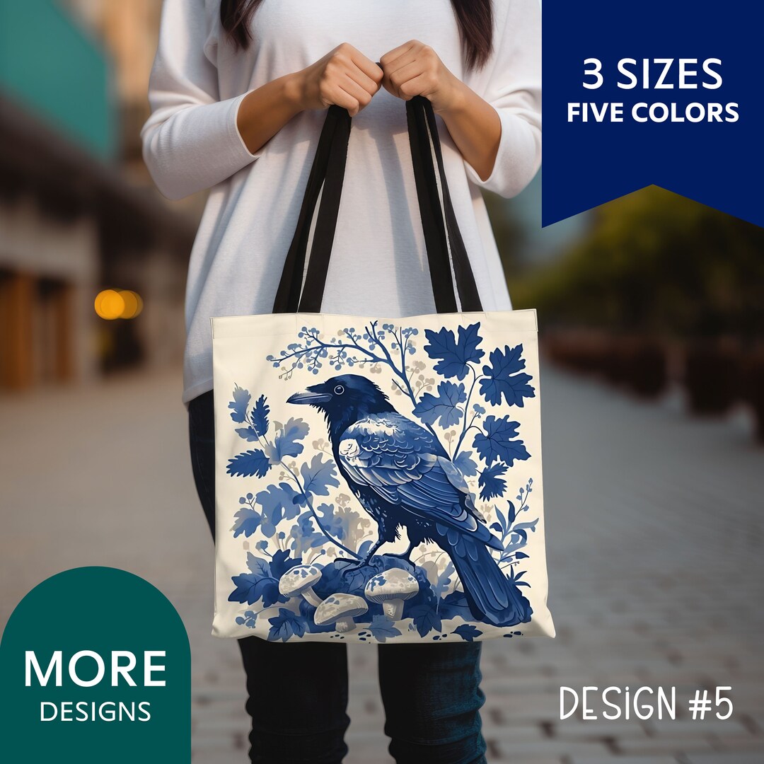 Crow Blue Chinoiserie Tote Bag, Custom Raven Tote Bag for Forest Animal ...