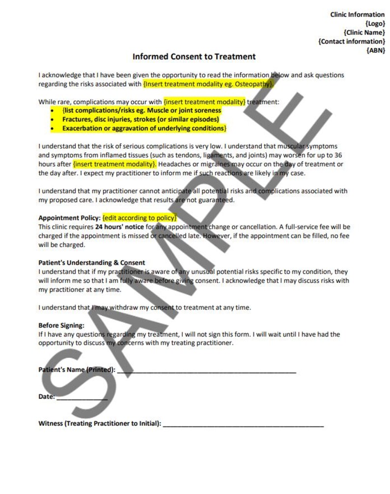 Editable Patient Intake & Consent Form – Allied Health Template - Etsy