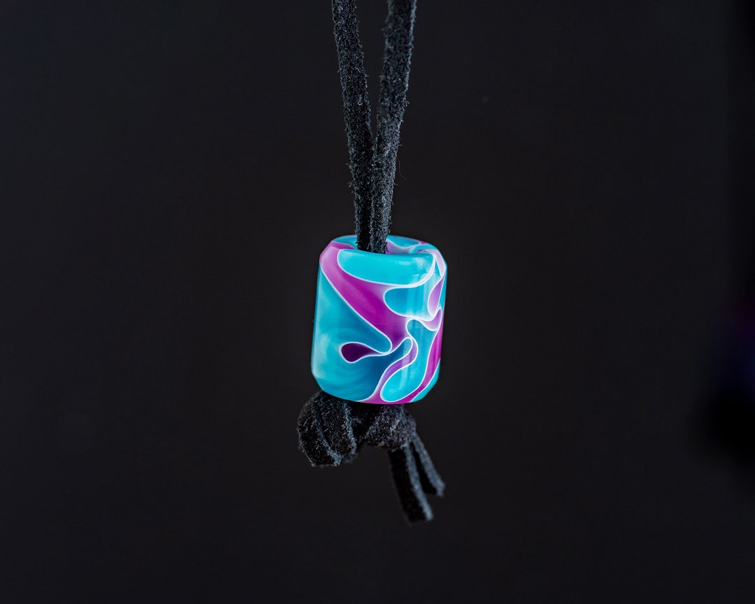 EDC Lanyard Bead Hand Turned Extra-large Cyan & Magenta Swirled Rainbow ...