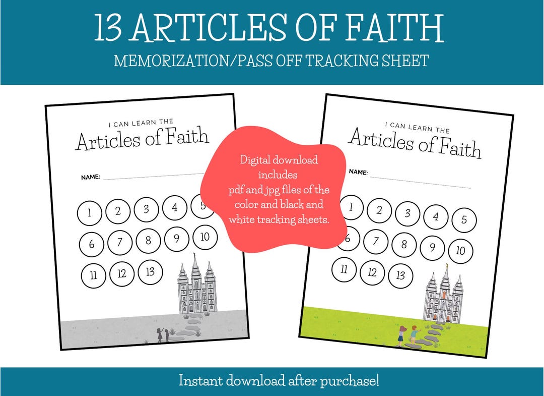 13 Articles of Faith Memorization/pass-off Tracking Sheets - Etsy