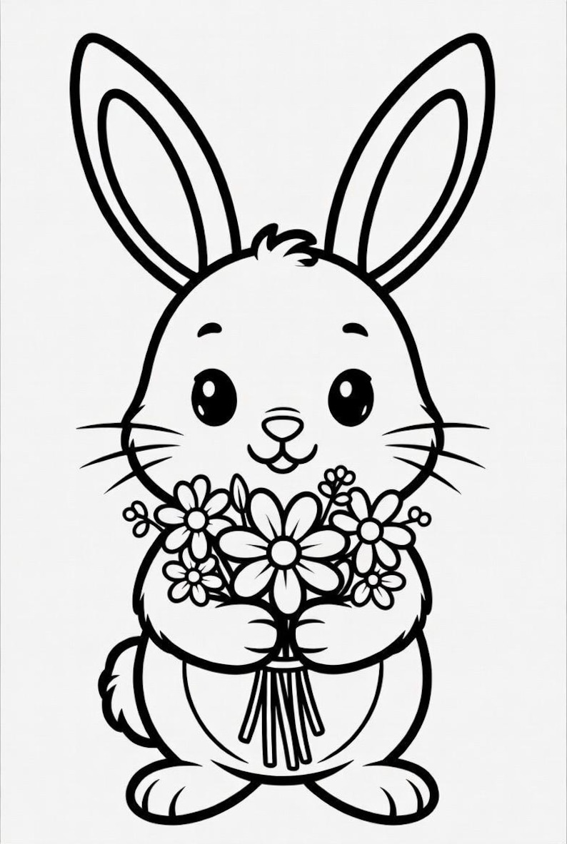 Bunny Holding Flowers Coloring Page - Etsy