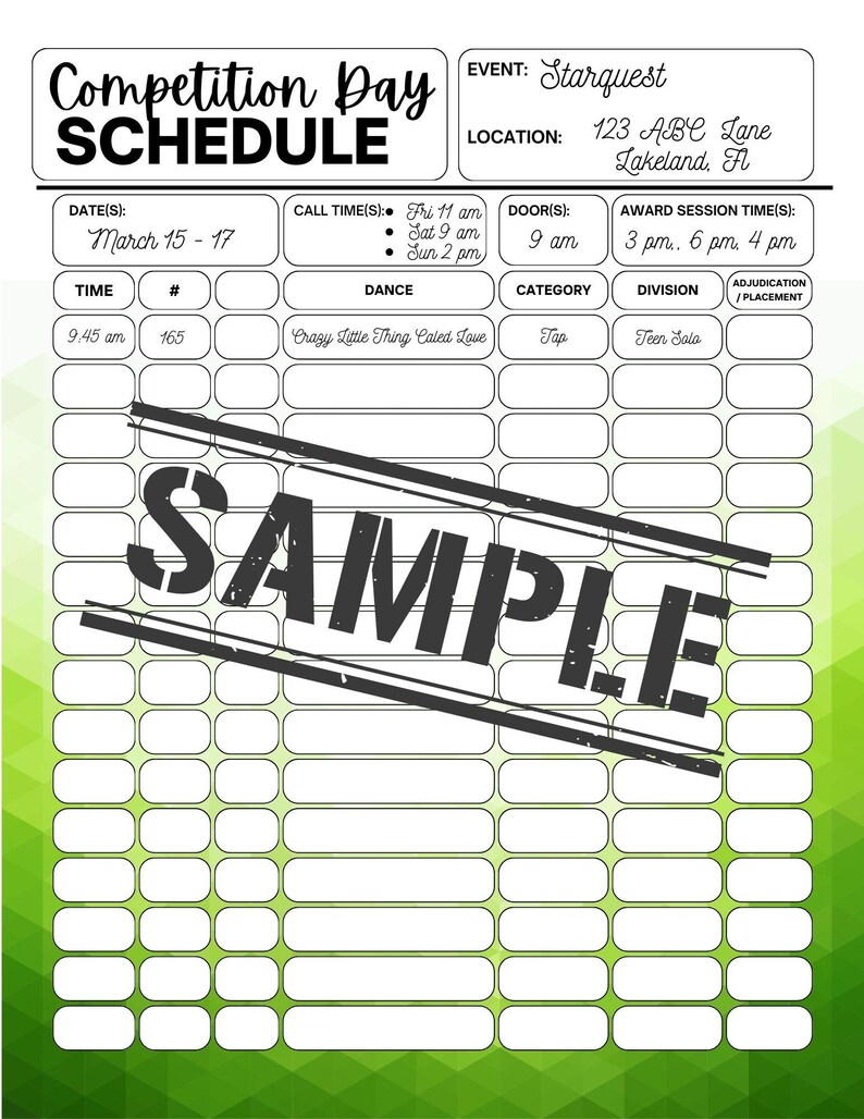 Dance Competition Day Schedule - Etsy