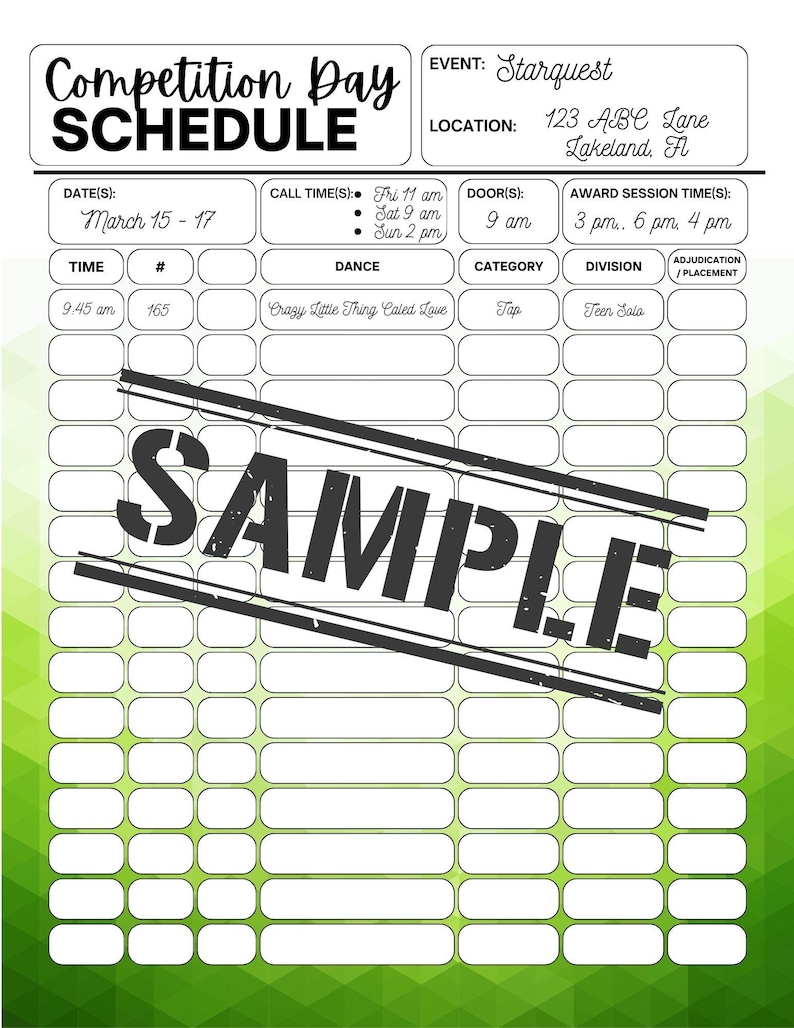 Dance Competition Day Schedule Printable - Etsy