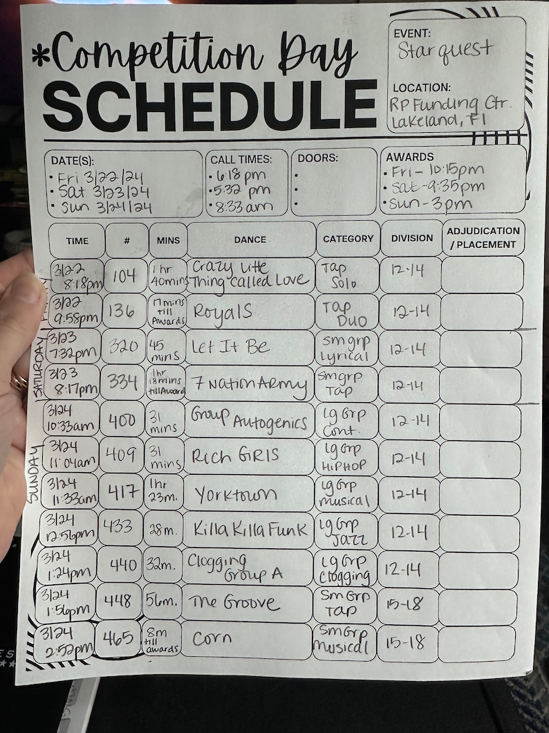 Dance Competition Day Schedule - Etsy