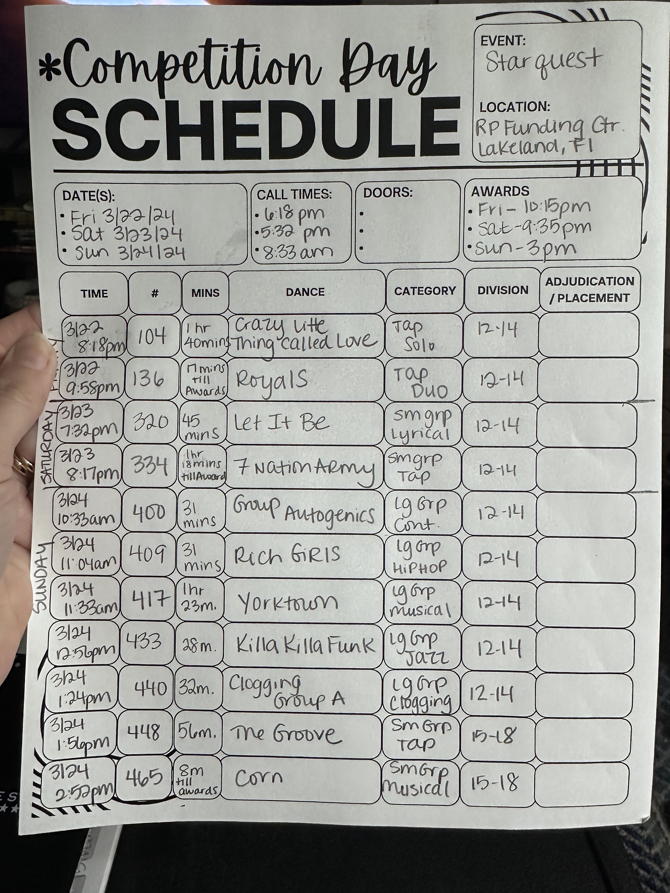 Dance Competition Day Schedule - Etsy