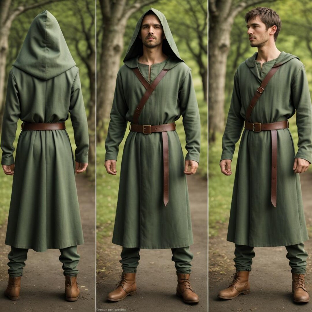 Medieval Hooded Robe for Men Authentic Green Cloak With Leather Belt ...