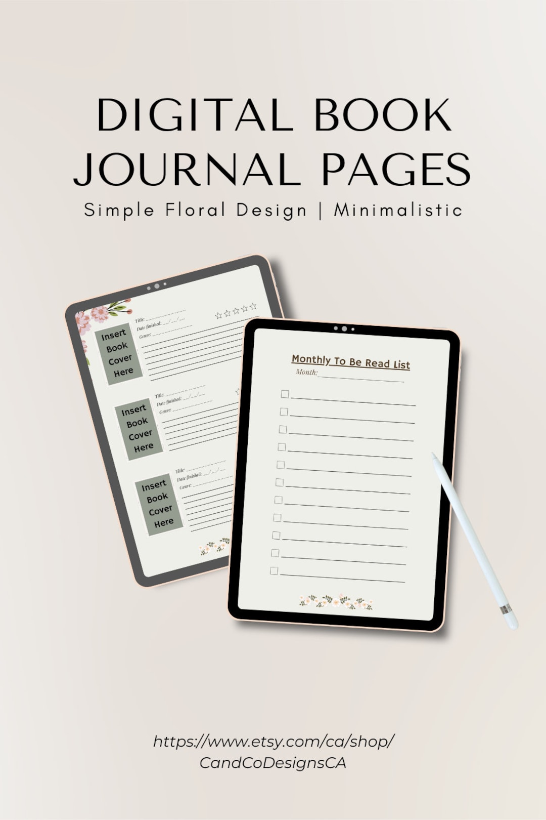 Digital Book Journal Pages Minimalist Floral Design Reading Tracker ...