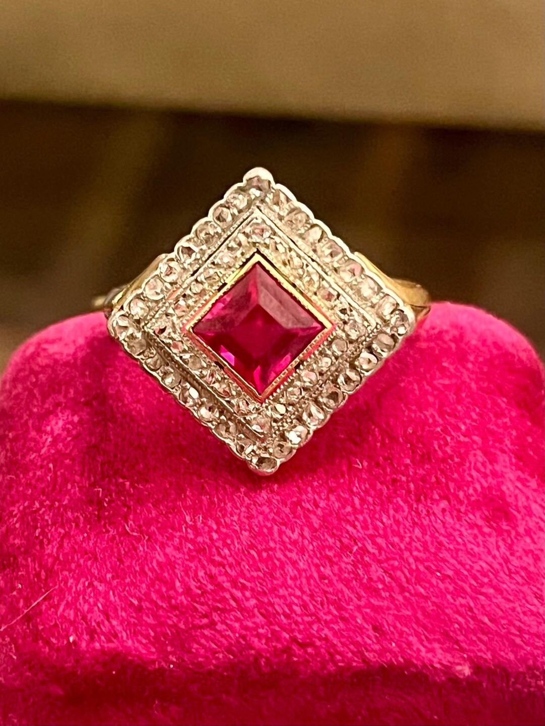 Antique Double Halo Synthetic Pink RUBY & Old Cut DIAMOND Statement ...