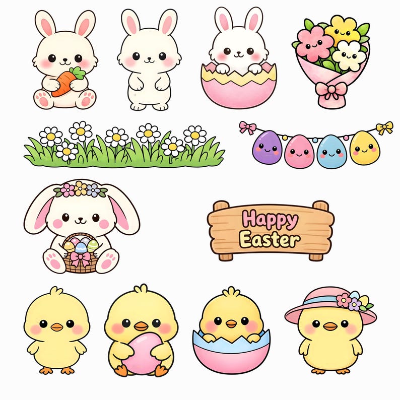 Kawaii Easter Clipart Bundle PNG, Cute Bunny Chick Easter Egg Clipart ...