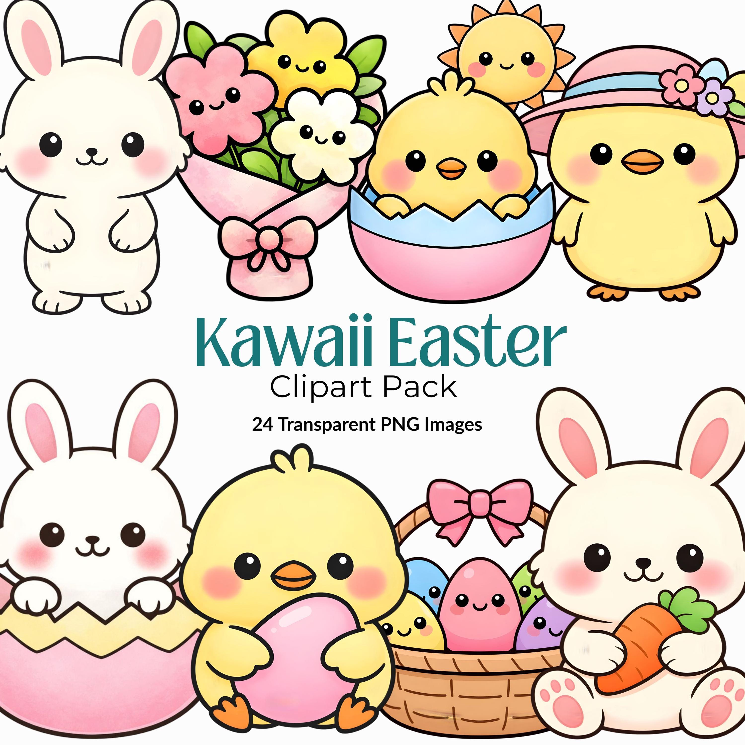 Kawaii Easter Clipart Bundle PNG, Cute Bunny Chick Easter Egg Clipart ...