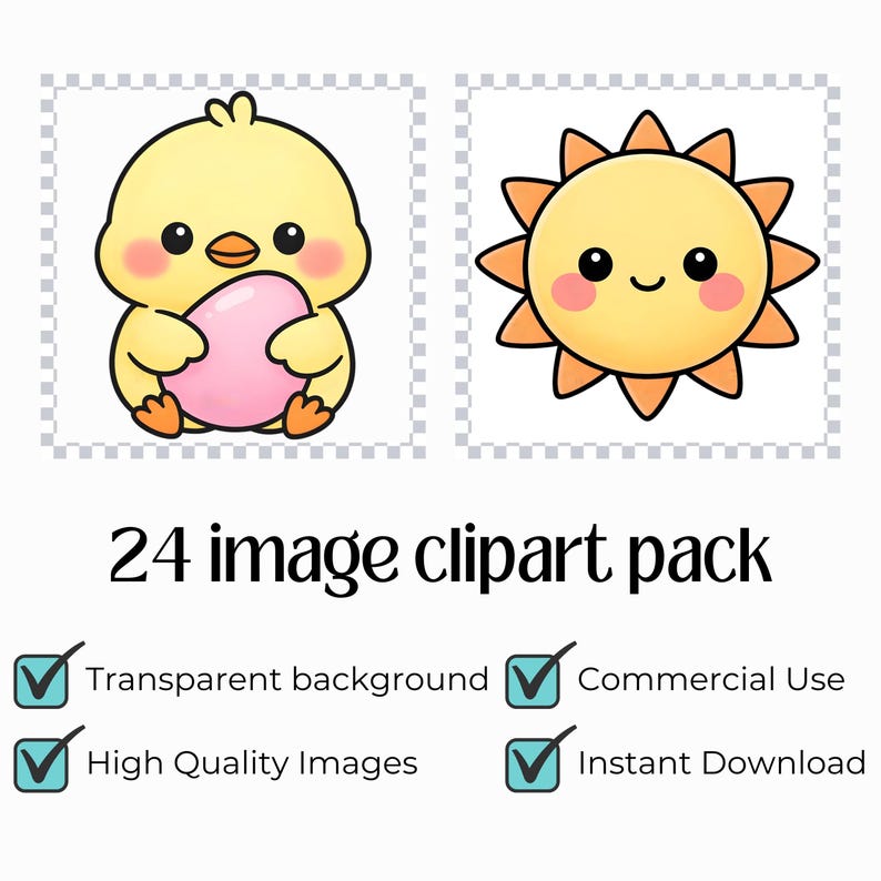 Kawaii Easter Clipart Bundle PNG, Cute Bunny Chick Easter Egg Clipart ...