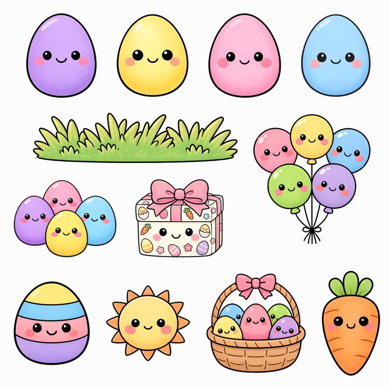 Kawaii Easter Clipart Bundle PNG, Cute Bunny Chick Easter Egg Clipart ...